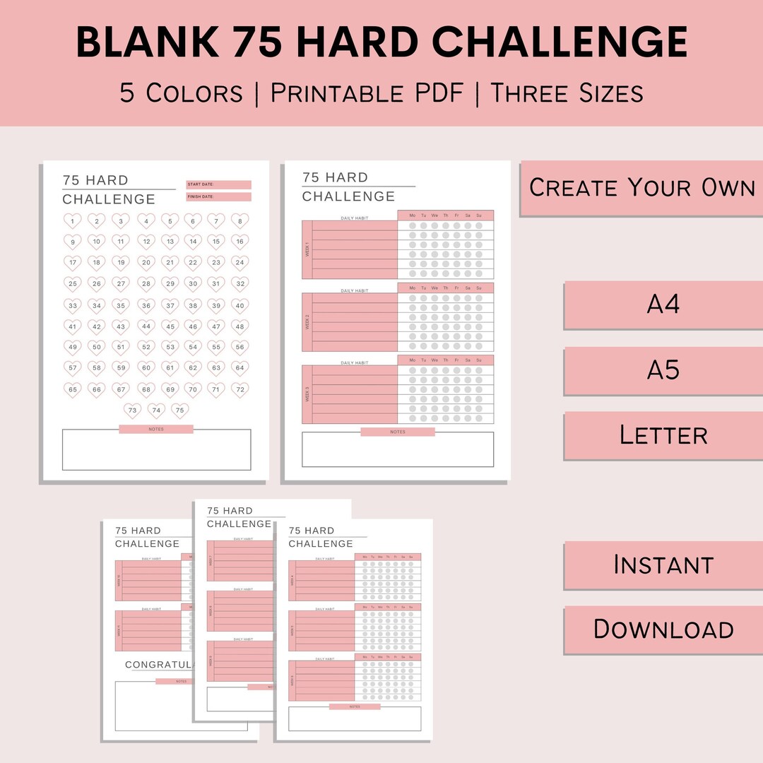 Blank 75 Hard Challenge Tracker 75 Day Challenge Lifestyle Motivation ...
