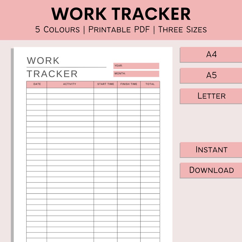 Work Tracker | Printable Work Log | Time Spent Track | Activity Manager ...