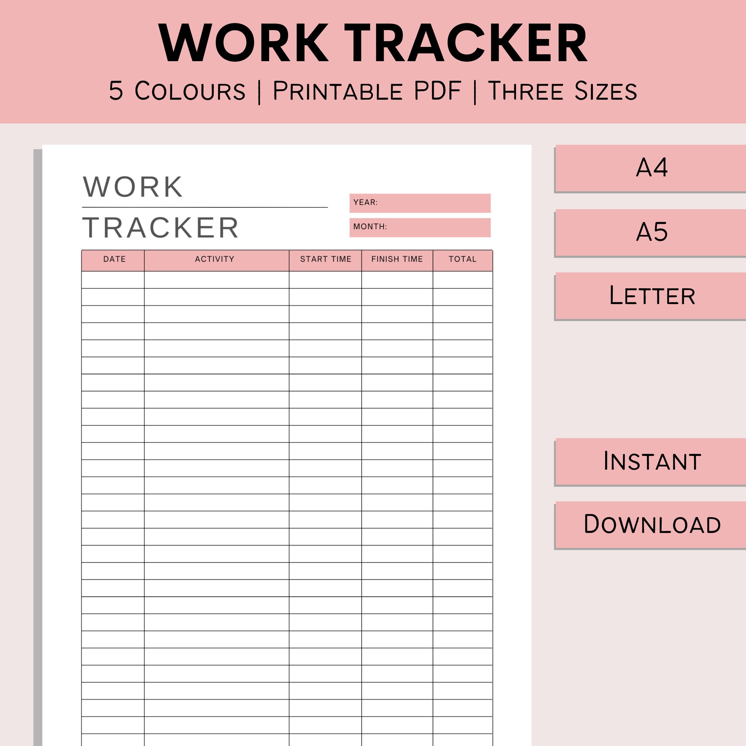 Work Tracker | Printable Work Log | Time Spent Track | Activity Manager ...
