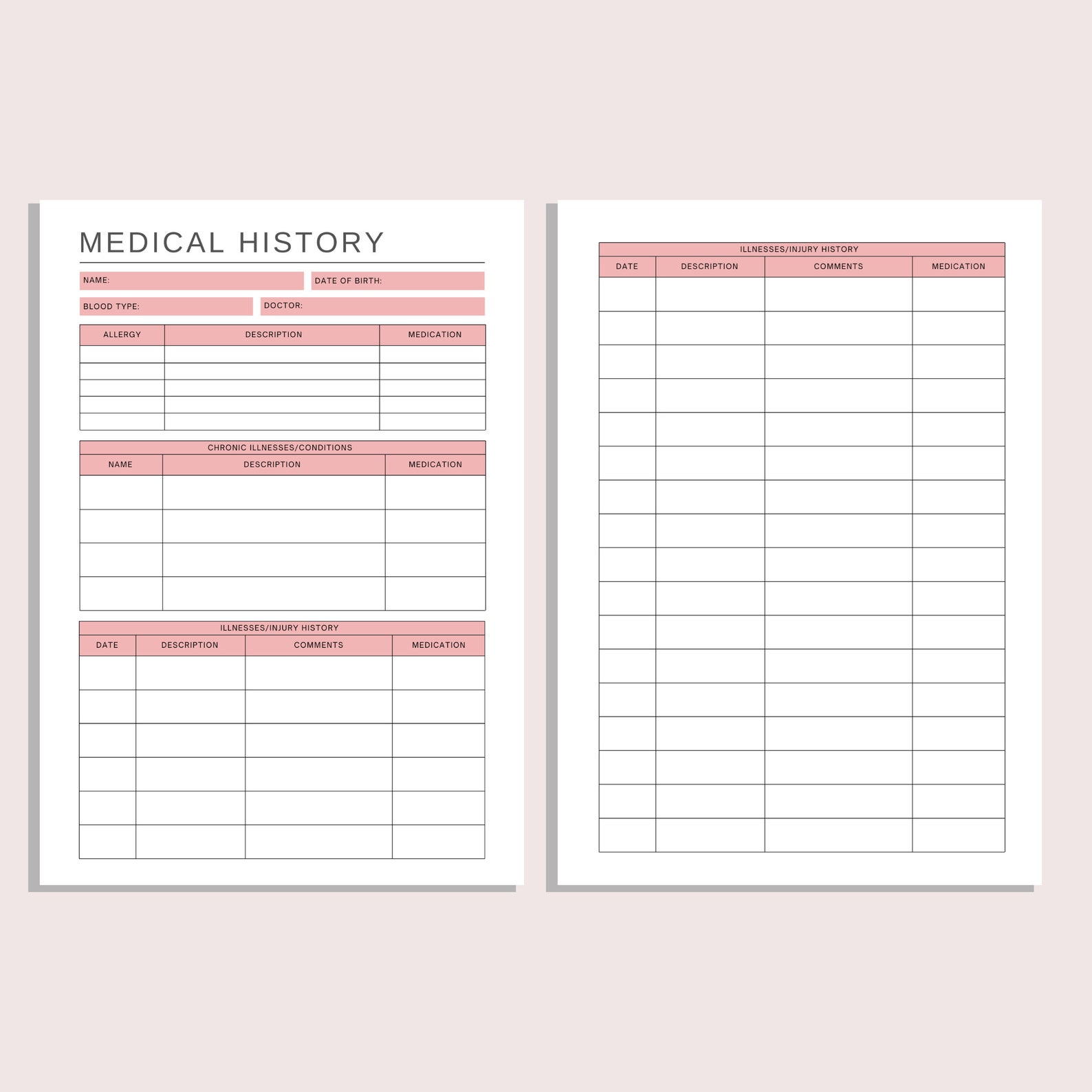 Medical History Form, Printable Medical Binder, Family Health Chart ...