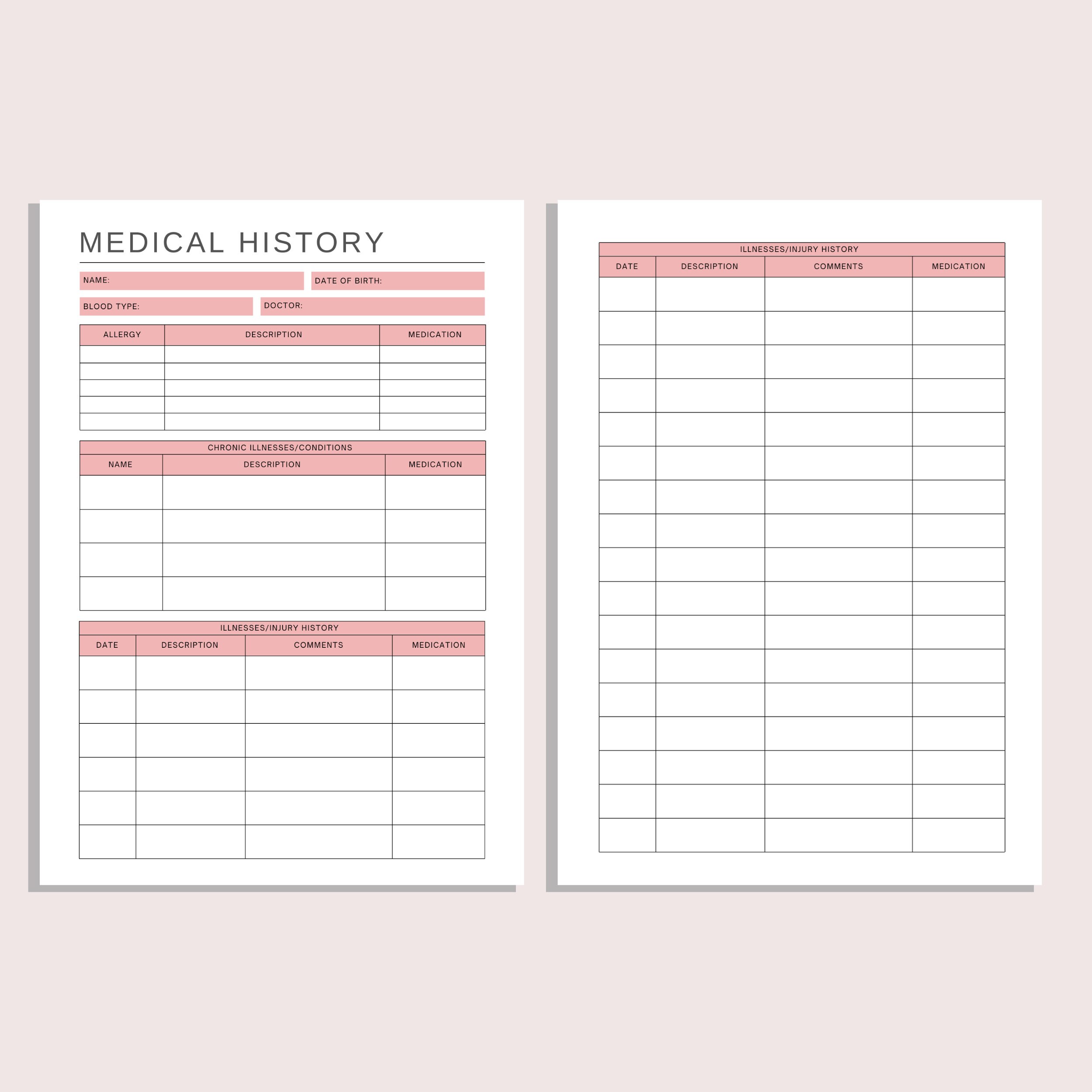 Medical History Form, Printable Medical Binder, Family Health Chart ...