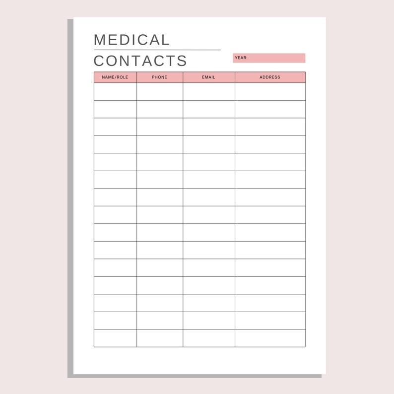 Medical Contact List | Printable Medical Tracker | Healthcare Contact ...