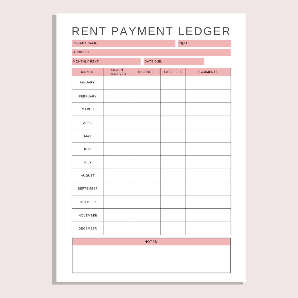Rent Payment Ledger | Printable Tenant Payment Tracker | Landloard Rent ...