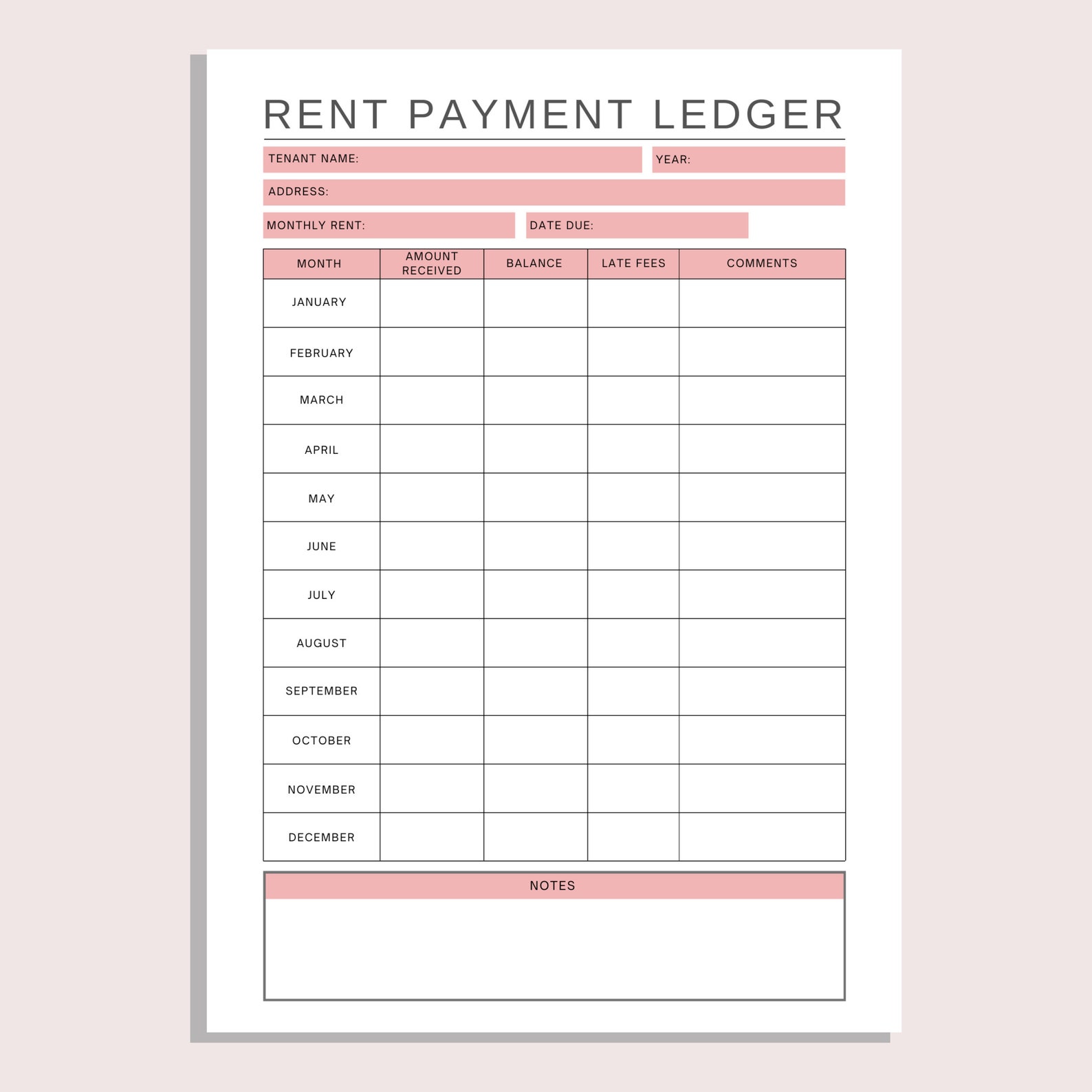 Rent Payment Ledger | Printable Tenant Payment Tracker | Landloard Rent ...