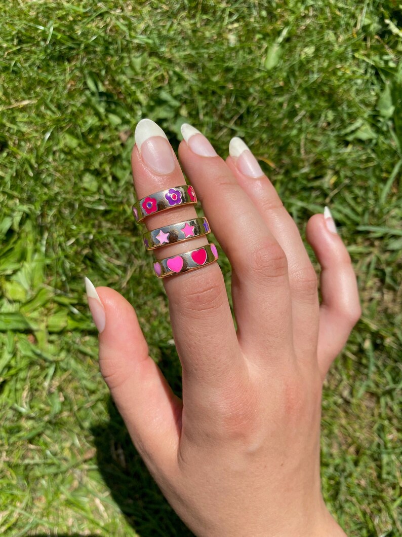 Y2k 3pc set rings / aesthetic rings colorful gold band | Etsy