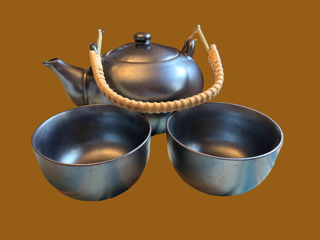 Vintage Japanese Teapot and Tea Bowls Kafuh, Black Metallic Glaze - Etsy