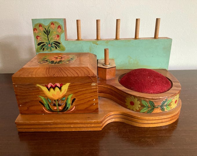 Wooden Sewing Organizer, Holds 6 Spools, Scissors, Pin Cushion, and ...