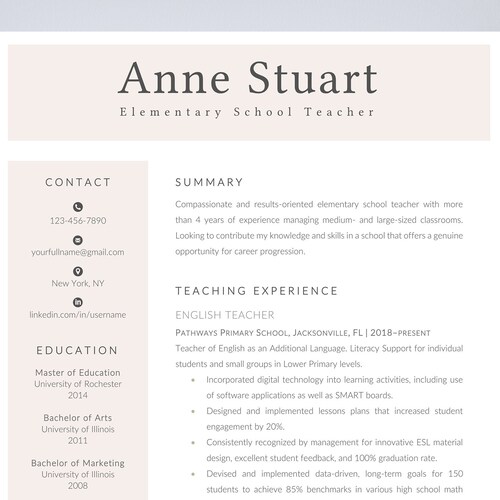 Teacher Resume Template for Word and Pages Elementary Resume - Etsy ...