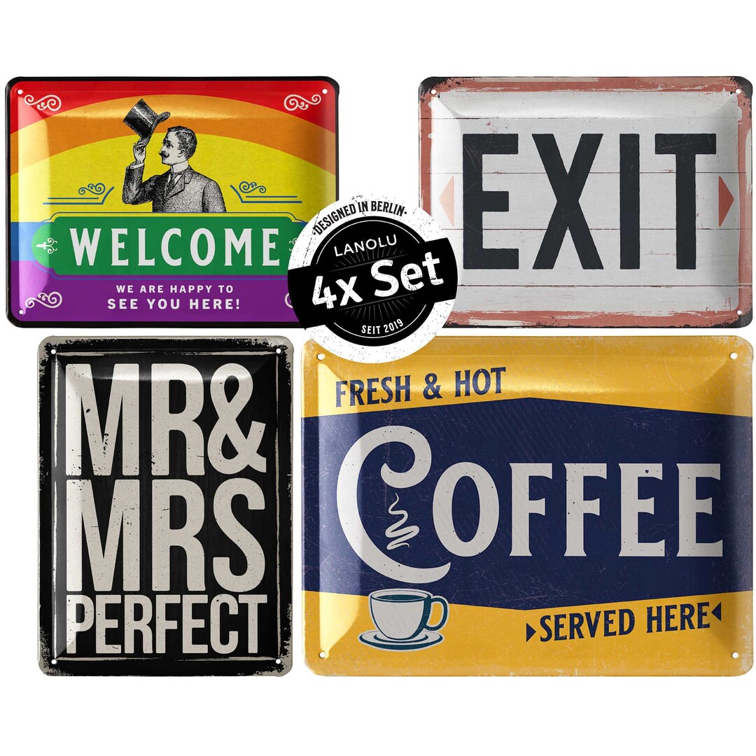 Retro Metal Signs Set of 4, Metal Signs Retro Decoration, Vintage ...