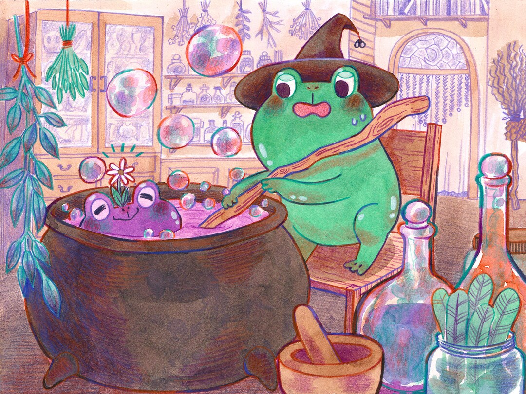 Froggy Witch Making Potion but a Naughty Frog is in the Pot! Inkjet ...