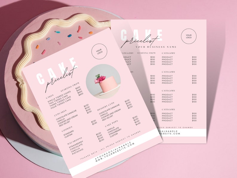 Bakery Cake Price List Template: Pink Editable Canva Design (a4/8.5x11 ...