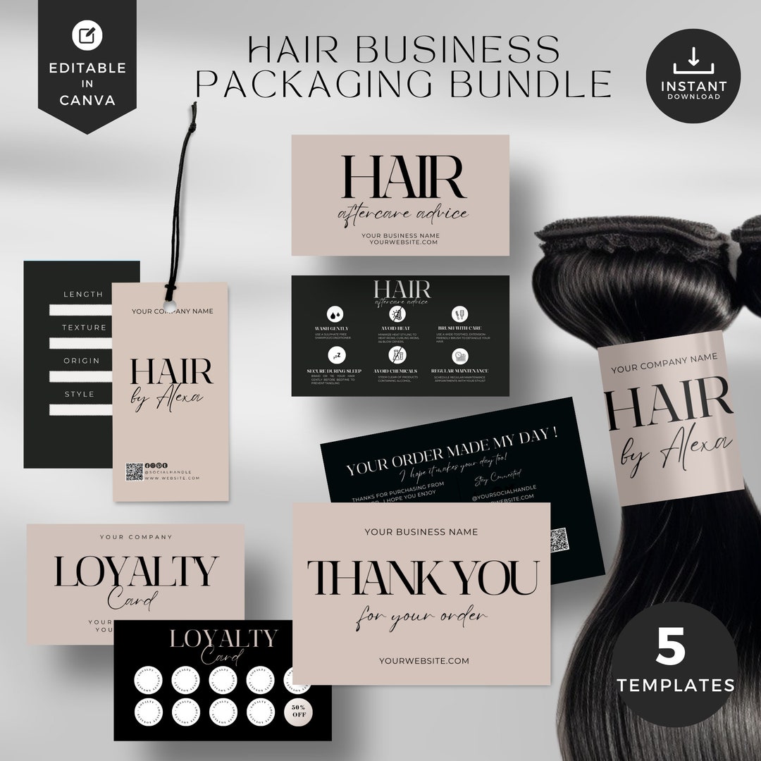 Hair Business Packaging Template: Bundle Wrap, Tag, Loyalty Card ...