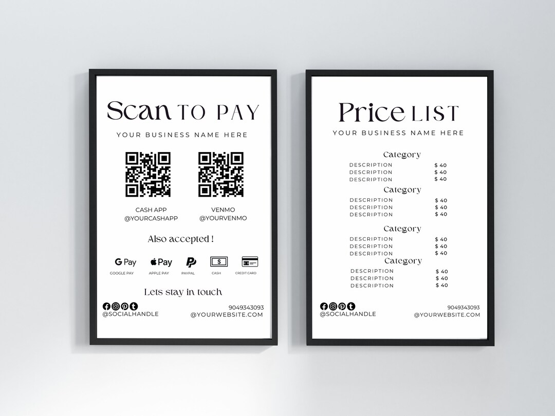 Scan to Pay Sign & Price List Template, QR Code Sign, Printable Payment ...
