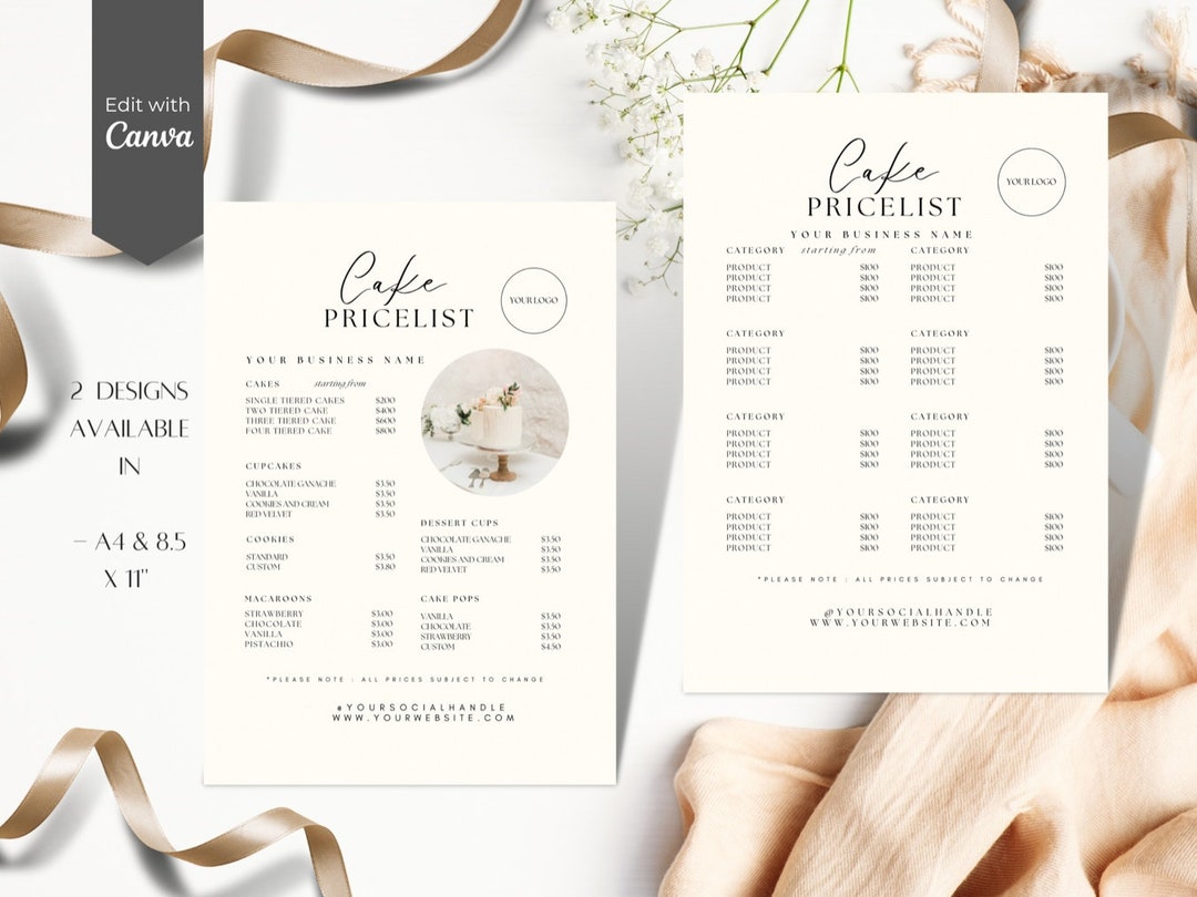 Bakery Cake Price List Template: Minimalist Menu Design (A4 & 8.5x11 ...
