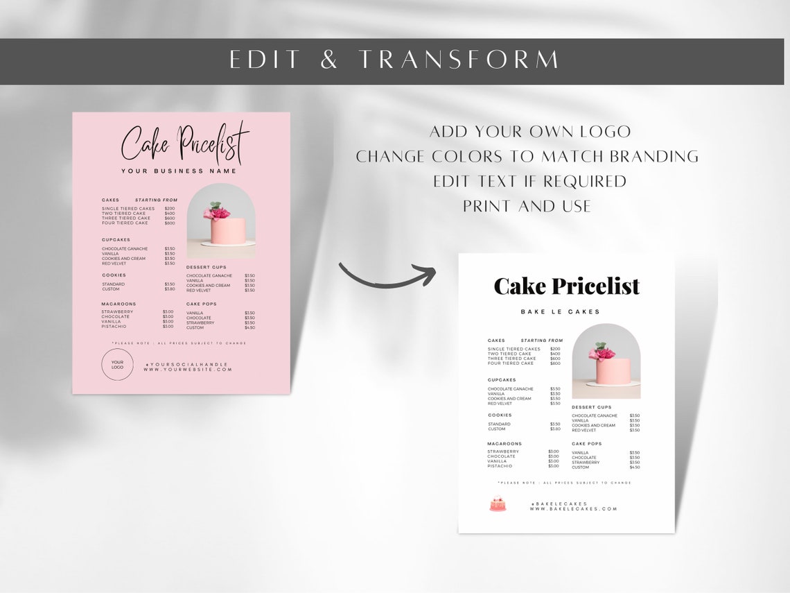 Cake Price List Bakery Menu Template Bakery Price List Cake - Etsy