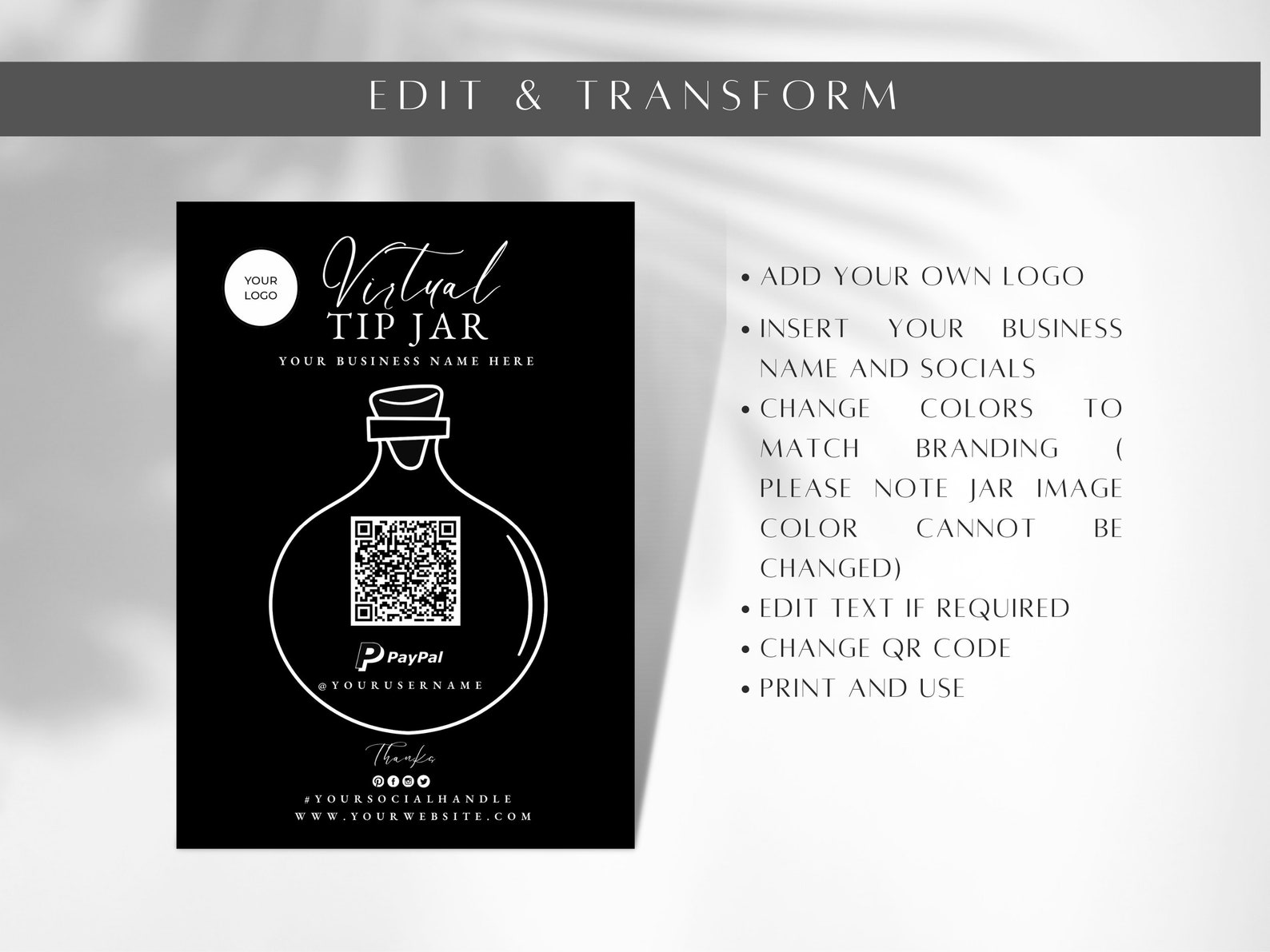 Printable Virtual Tip Jar Editable Venmo Payment Sign QR - Etsy