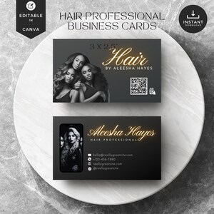 Black & Gold Hair Business Card Template With QR Code (DIY Canva) - Etsy