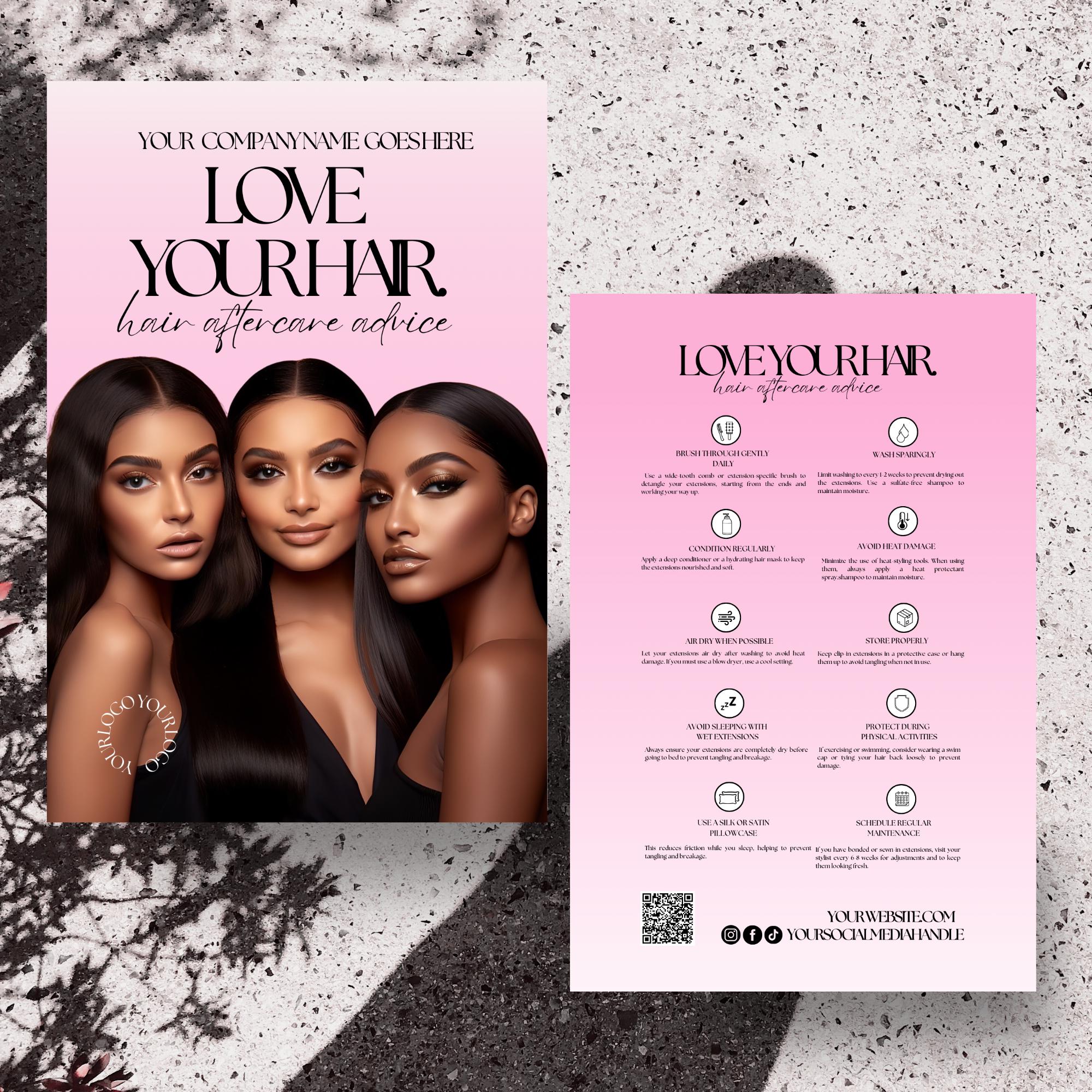 Hair Extension Aftercare Card Template: Pink Hair Weave Care Guide ...