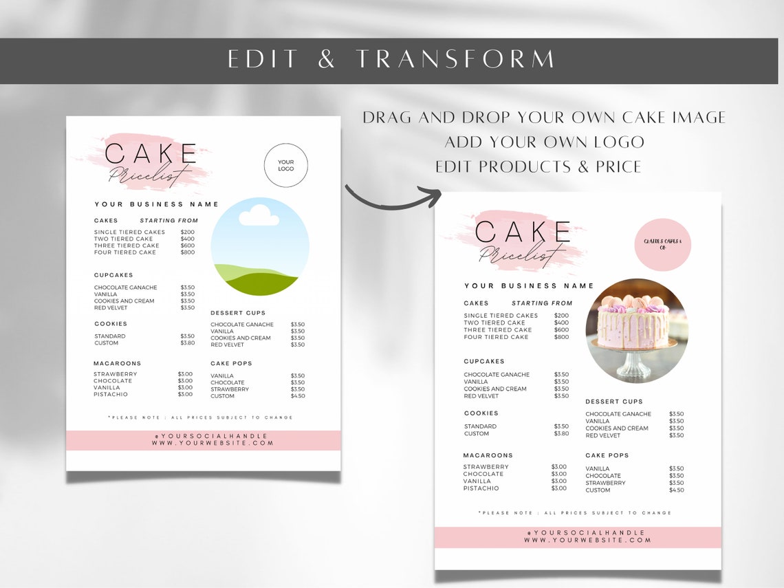 Cake Price List Bakery Menu Template Bakery Price List Cake - Etsy