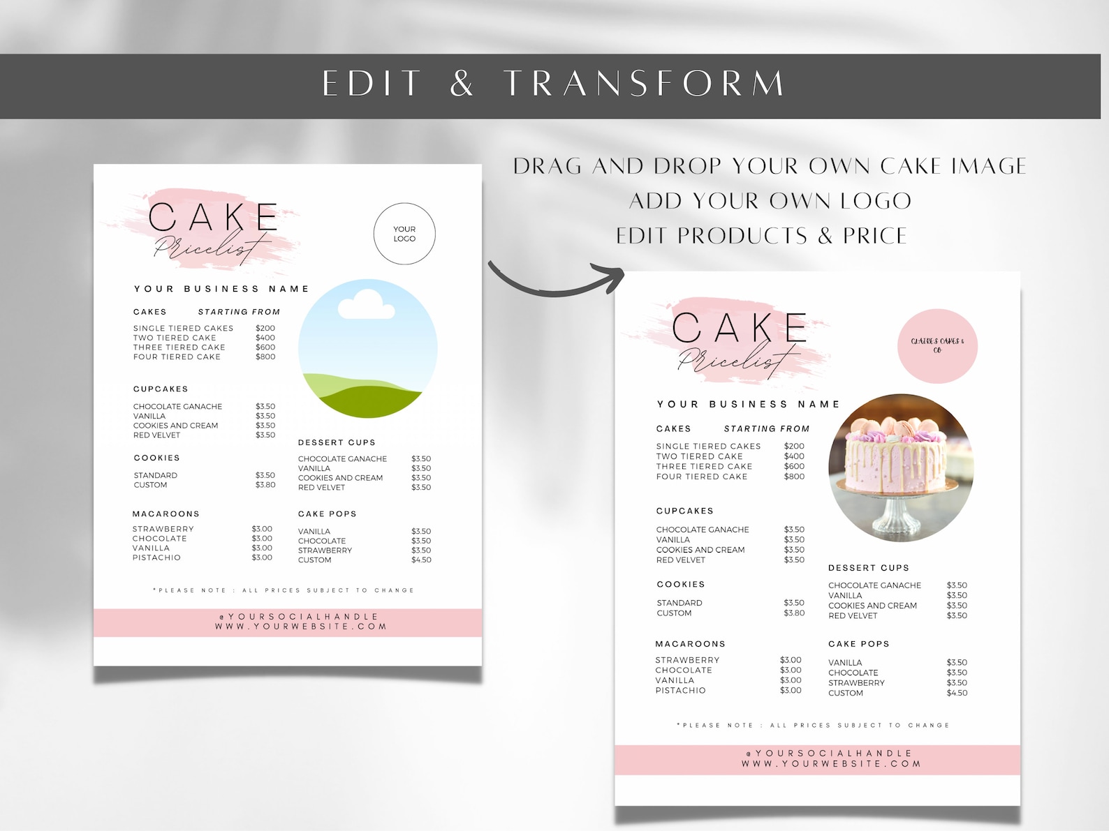 Cake Price List Bakery Menu Template Bakery Price List Cake - Etsy