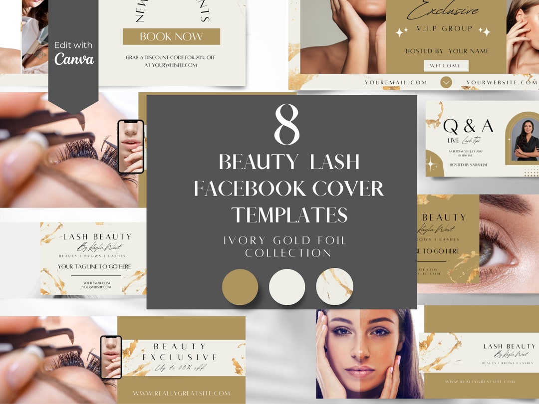 Lash Tech Facebook Cover Templates: Ivory Gold Beauty Banners (canva ...