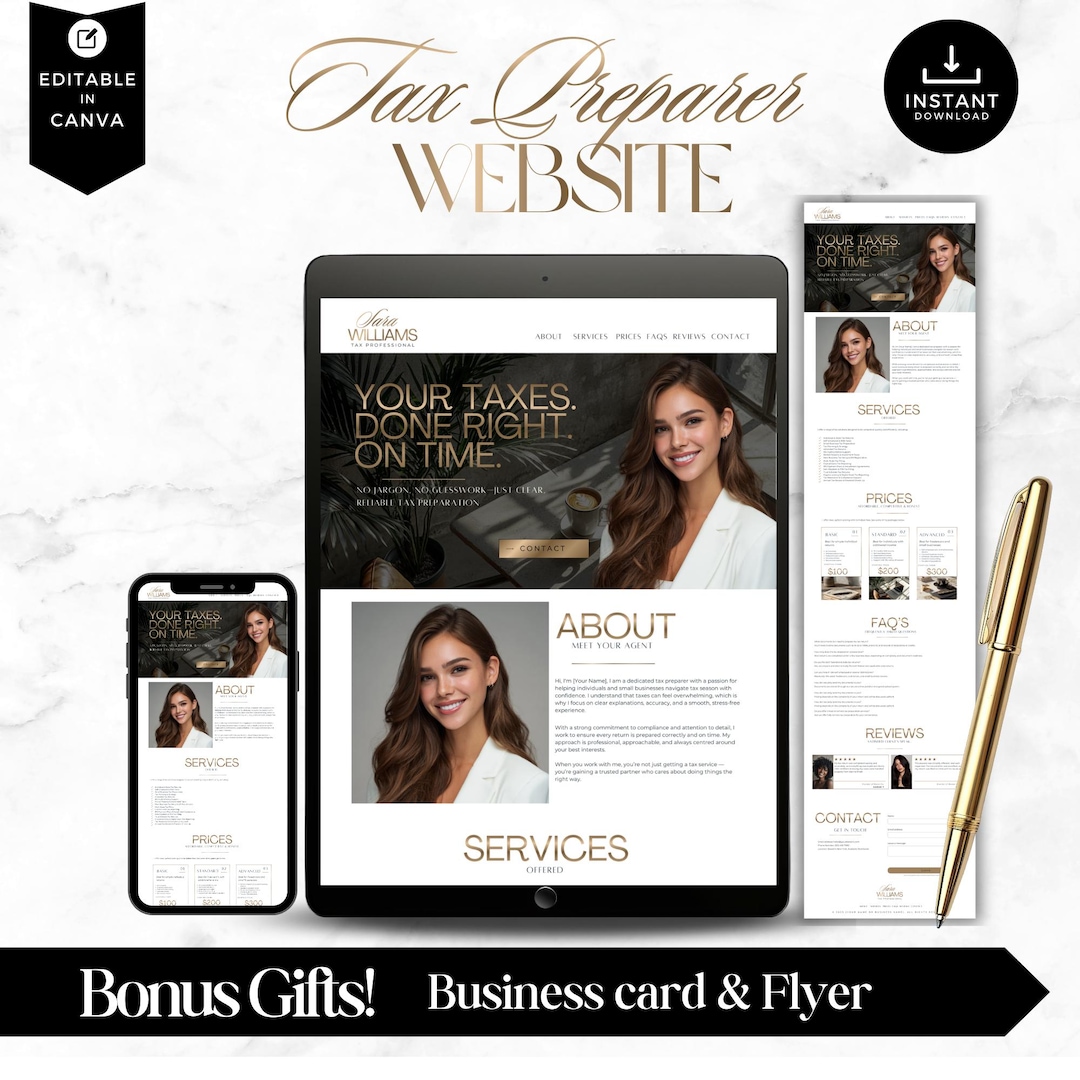 Tax Preparer Canva Website, Diy, Interactive Form, Tax Business Card ...