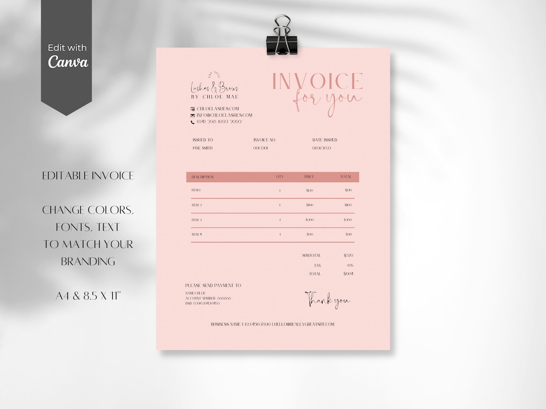 Pink Minimalist Invoice Template: Lash Tech, Makeup Artist (canva ...