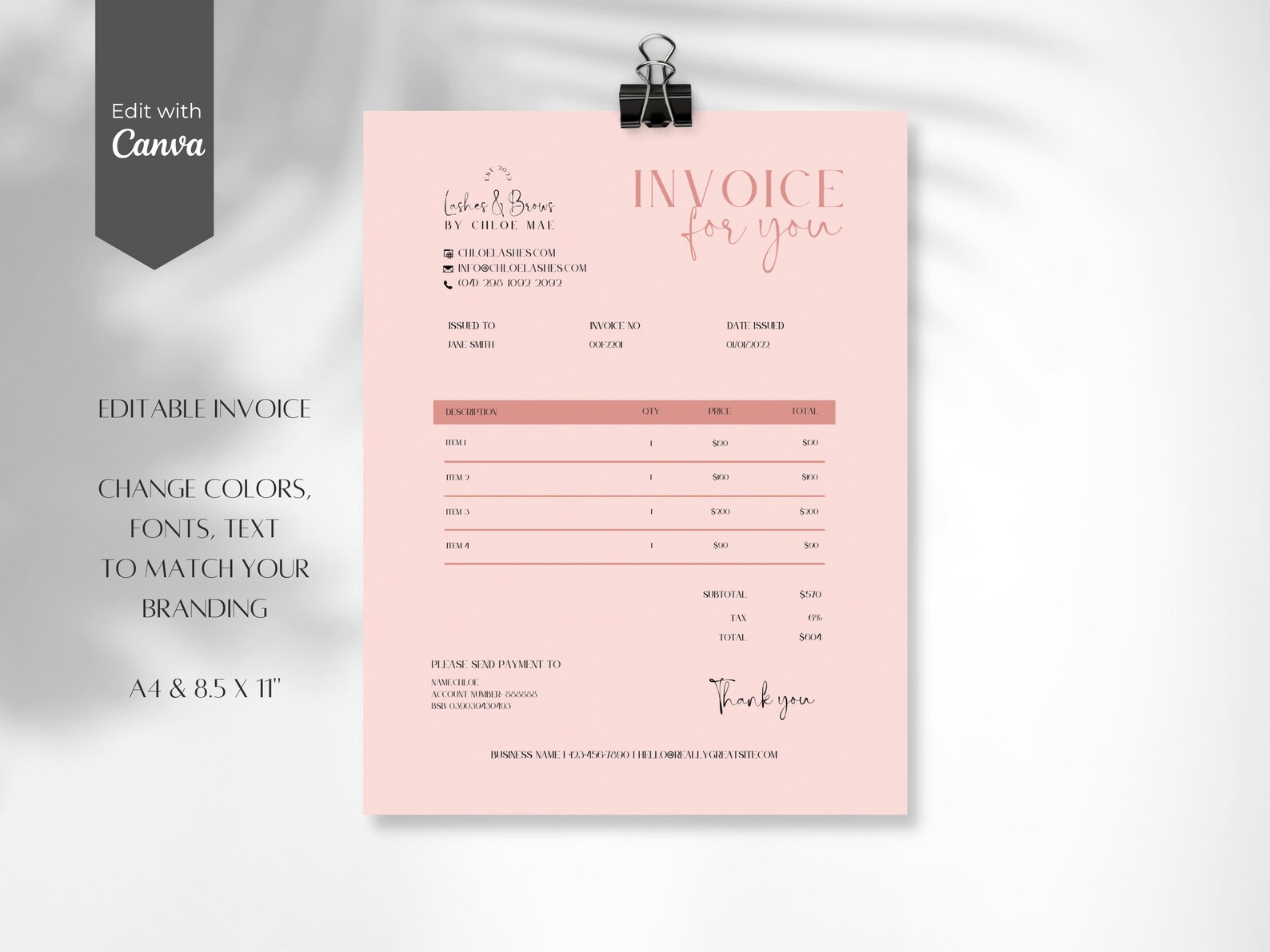 Pink Minimalist Invoice Template: Lash Tech, Makeup Artist (canva ...