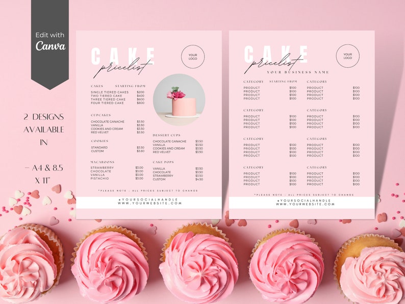 Bakery Cake Price List Template: Pink Editable Canva Design (a4/8.5x11 ...