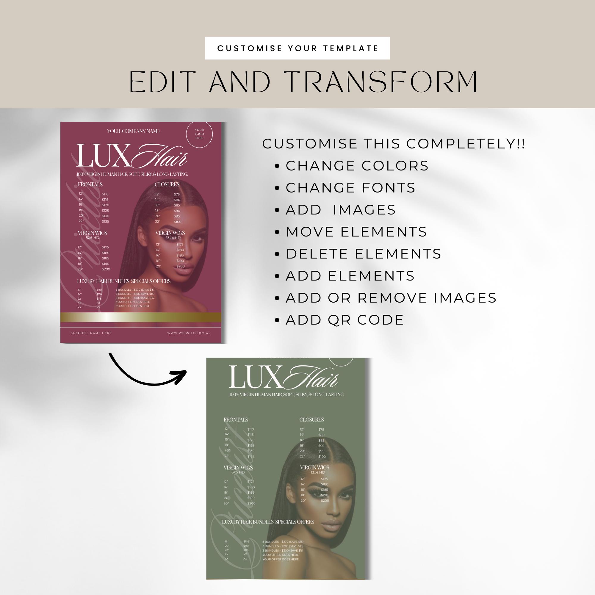 Hair Bundles Price List Flyer Template, Maroon & Gold Canva Design - Etsy