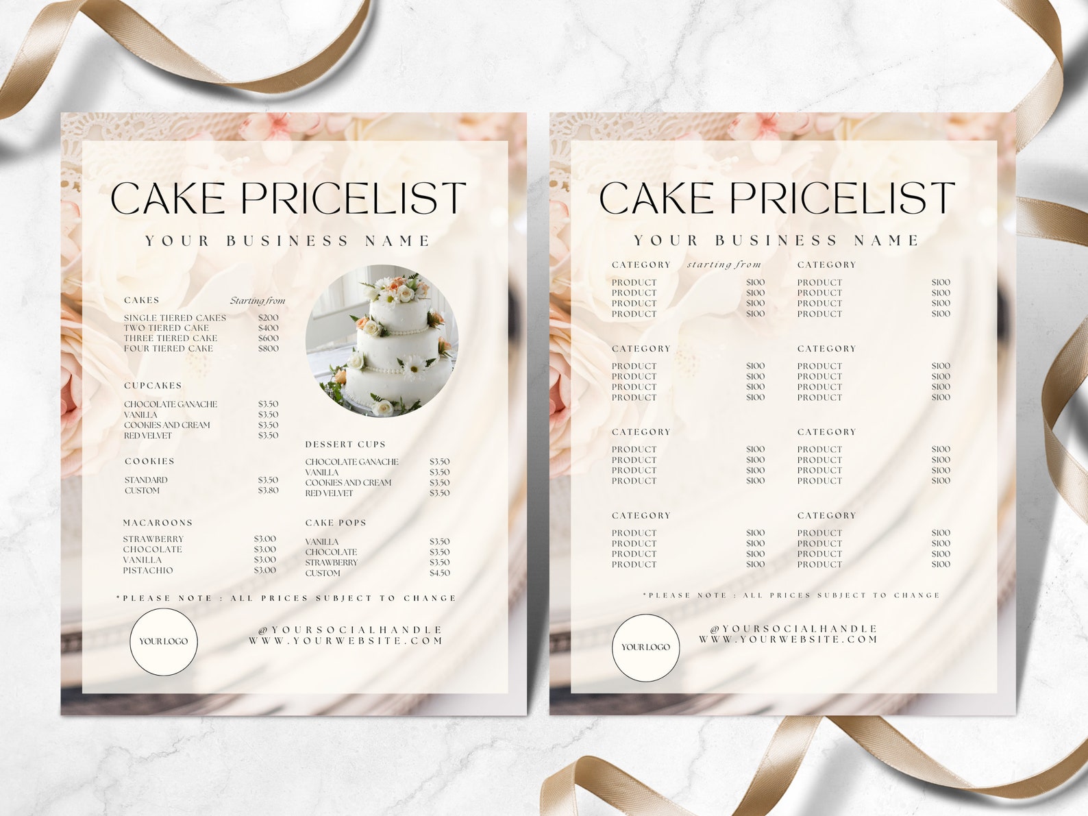 Bakery Price List Template: Luxury Cake Menu (canva Editable, A4 & 8 ...