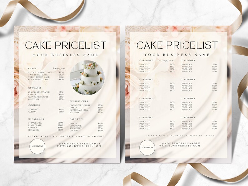 Bakery Price List Template: Luxury Cake Menu (canva Editable, A4 & 8 ...