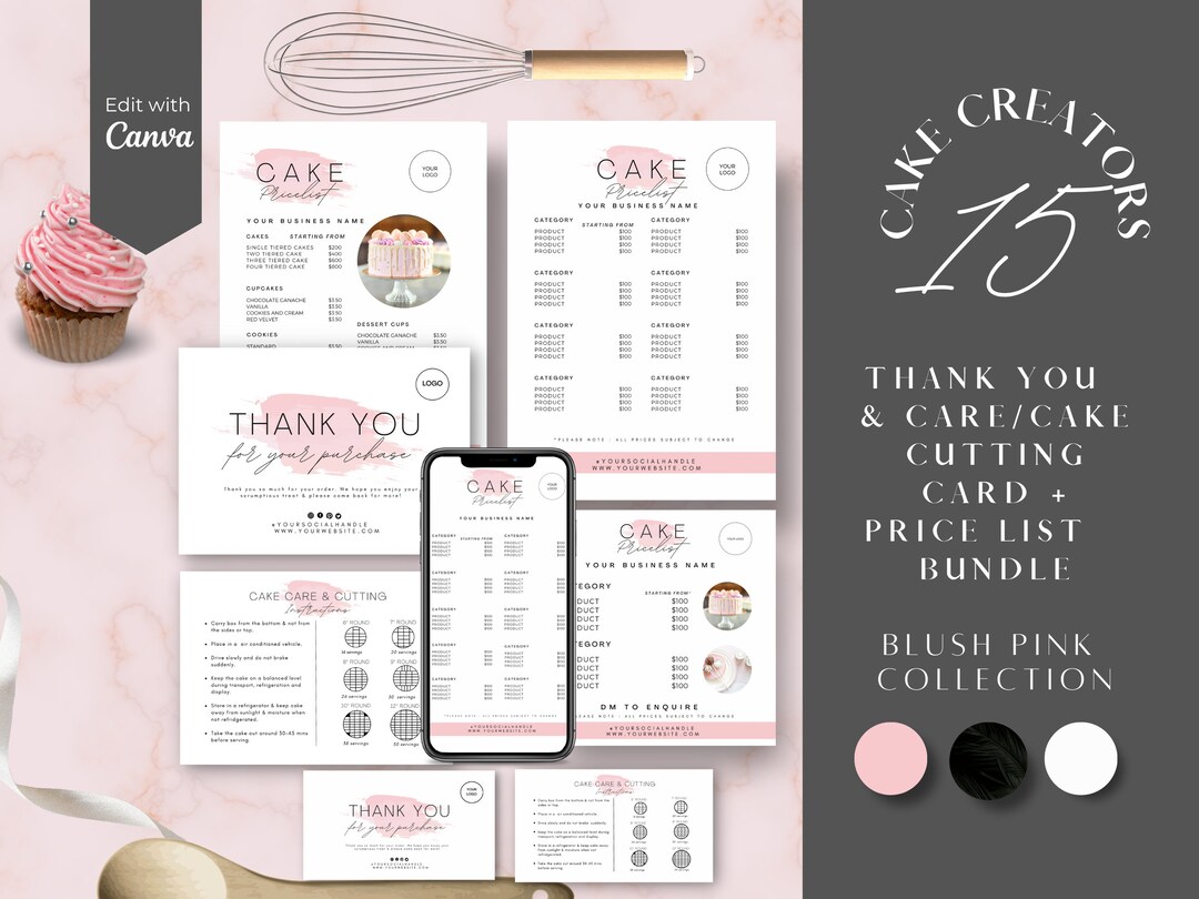 Editable Cake Care Card Template, Thank You Cards, Cake Pricelists ...