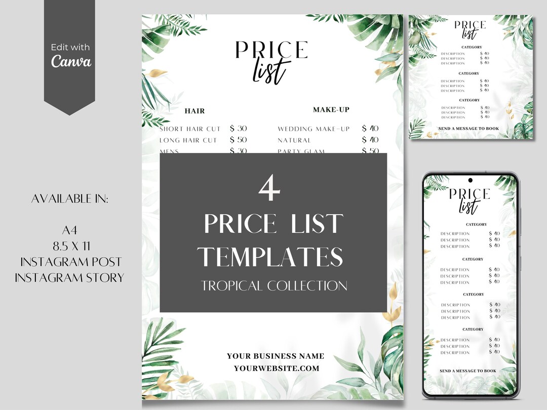 Plantilla Canva de lista de precios de belleza verde tropical editable digitalmente para ...