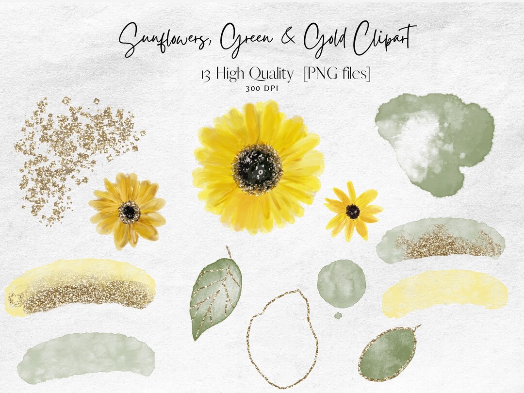 Watercolor Sunflower Clipart: Yellow, Green & Gold PNG (digital ...