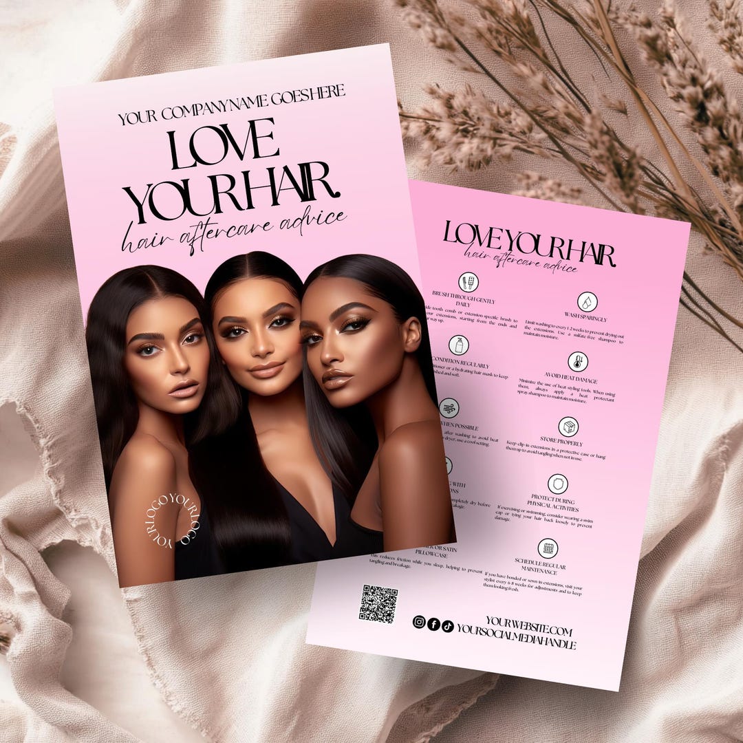 Hair Extension Aftercare Card Template: Pink Hair Weave Care Guide ...