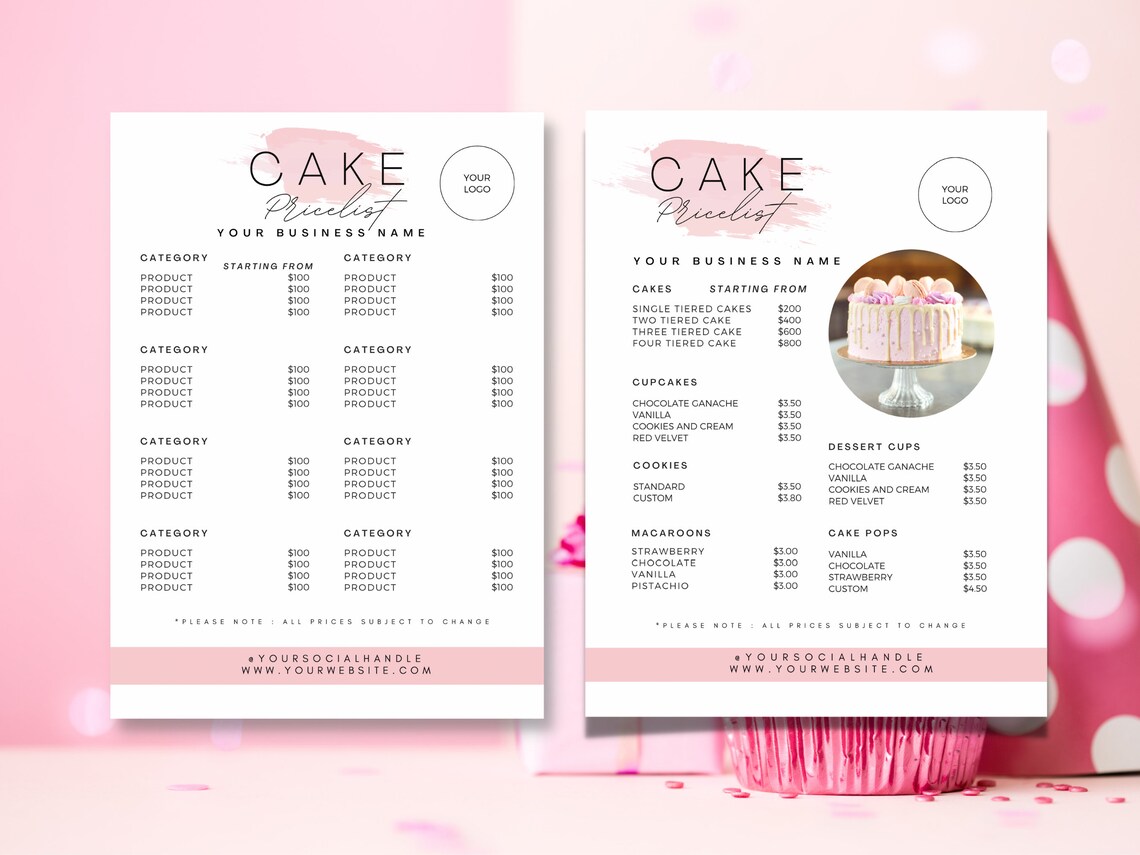 Cake Price List Bakery Menu Template Bakery Price List Cake - Etsy