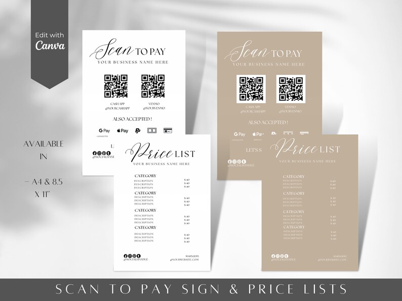 Scan to Pay Sign Price List Template QR Code Sign Printable - Etsy