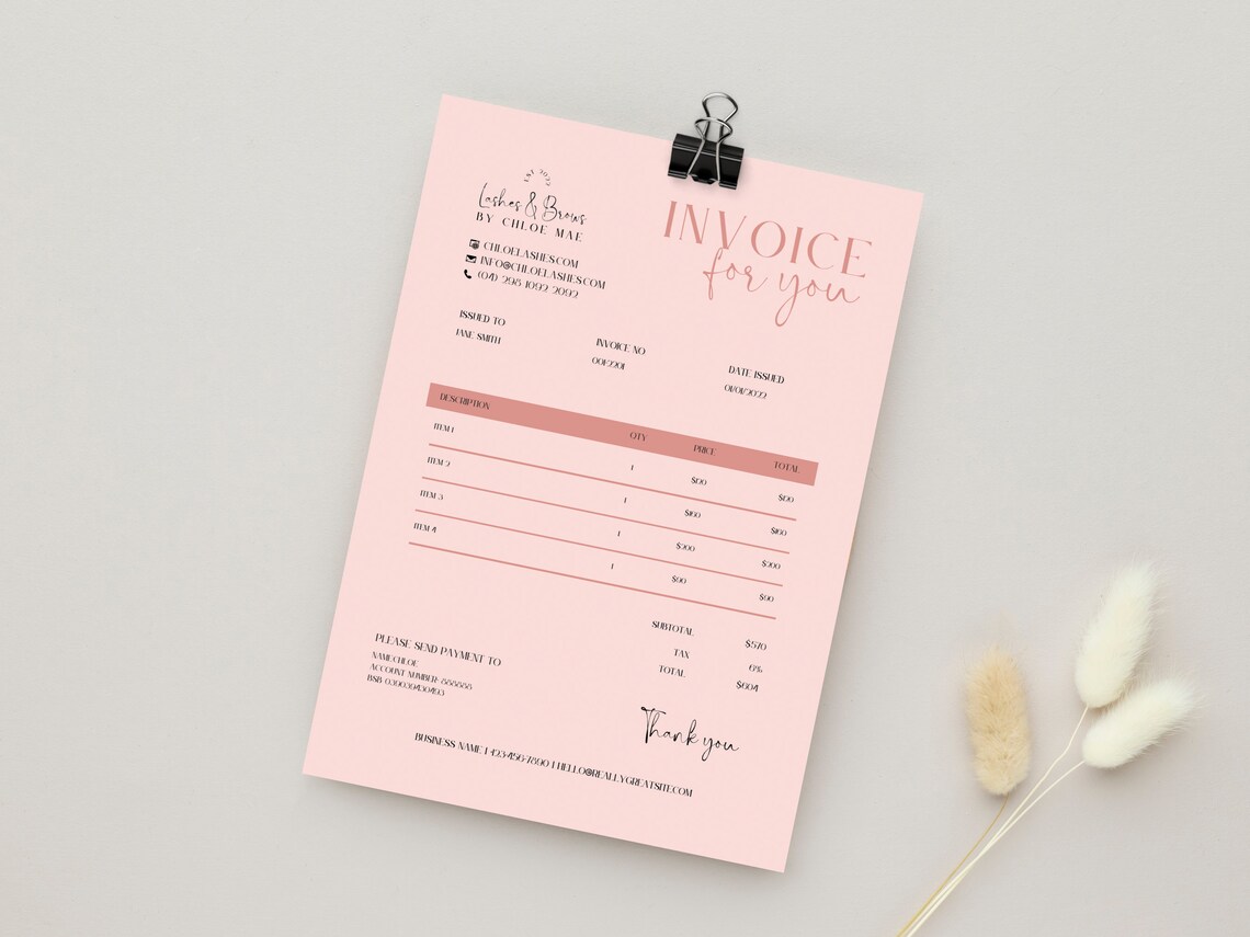 Pink Minimalist Invoice Template: Lash Tech, Makeup Artist (canva ...