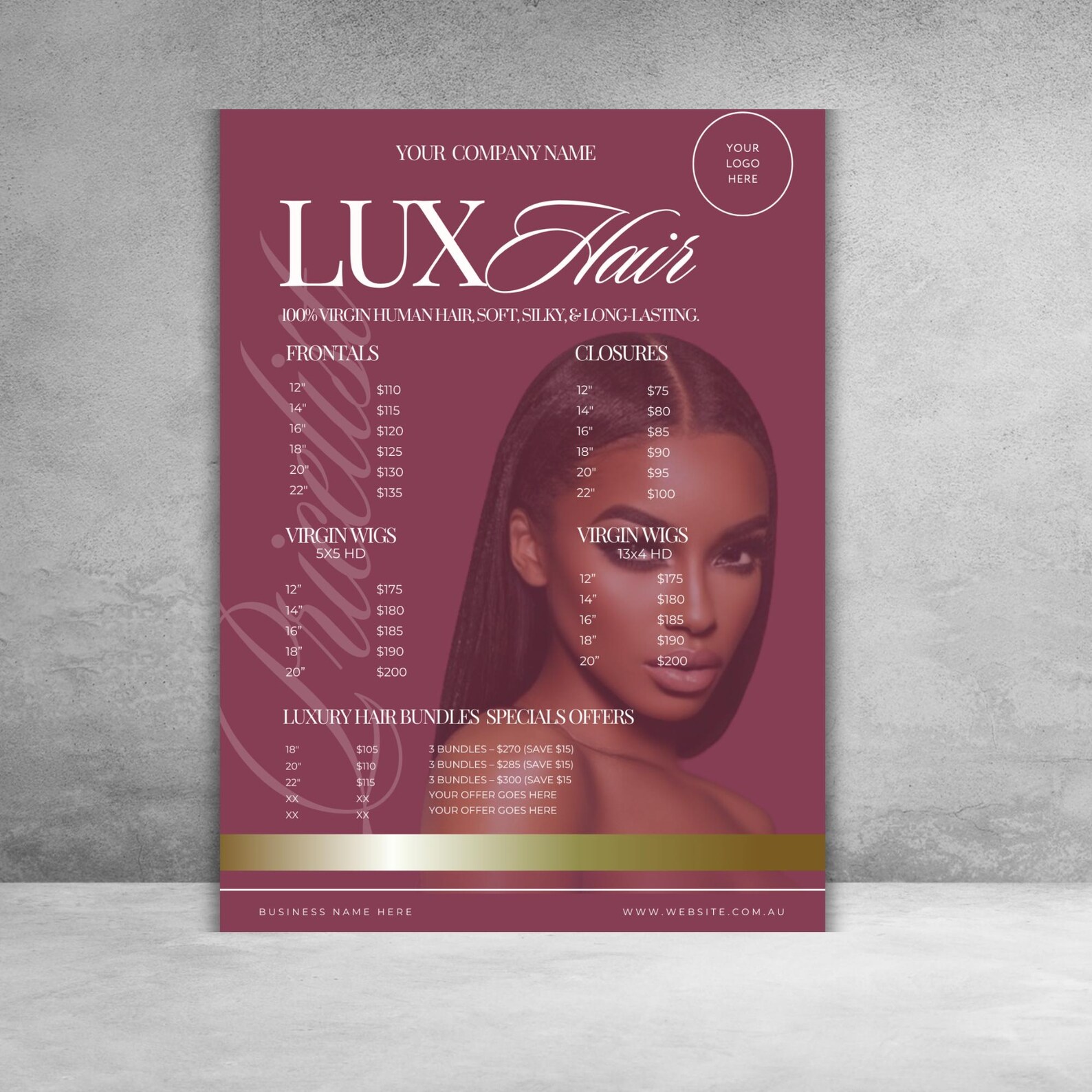 Hair Bundles Price List Flyer Template, Maroon & Gold Canva Design - Etsy