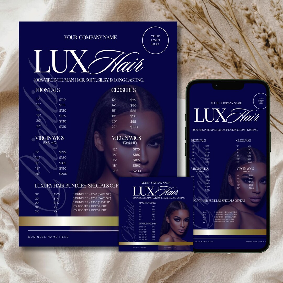 Hair Bundles Price List Flyer, Navy Blue & Gold (canva Template) - Etsy