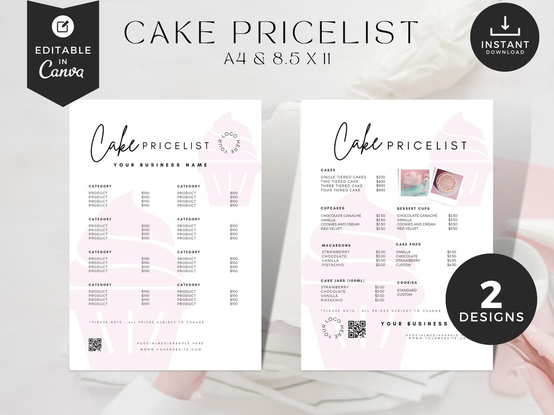 Editable Bakery Price List Template: Minimalist Pink Cake Design (canva ...