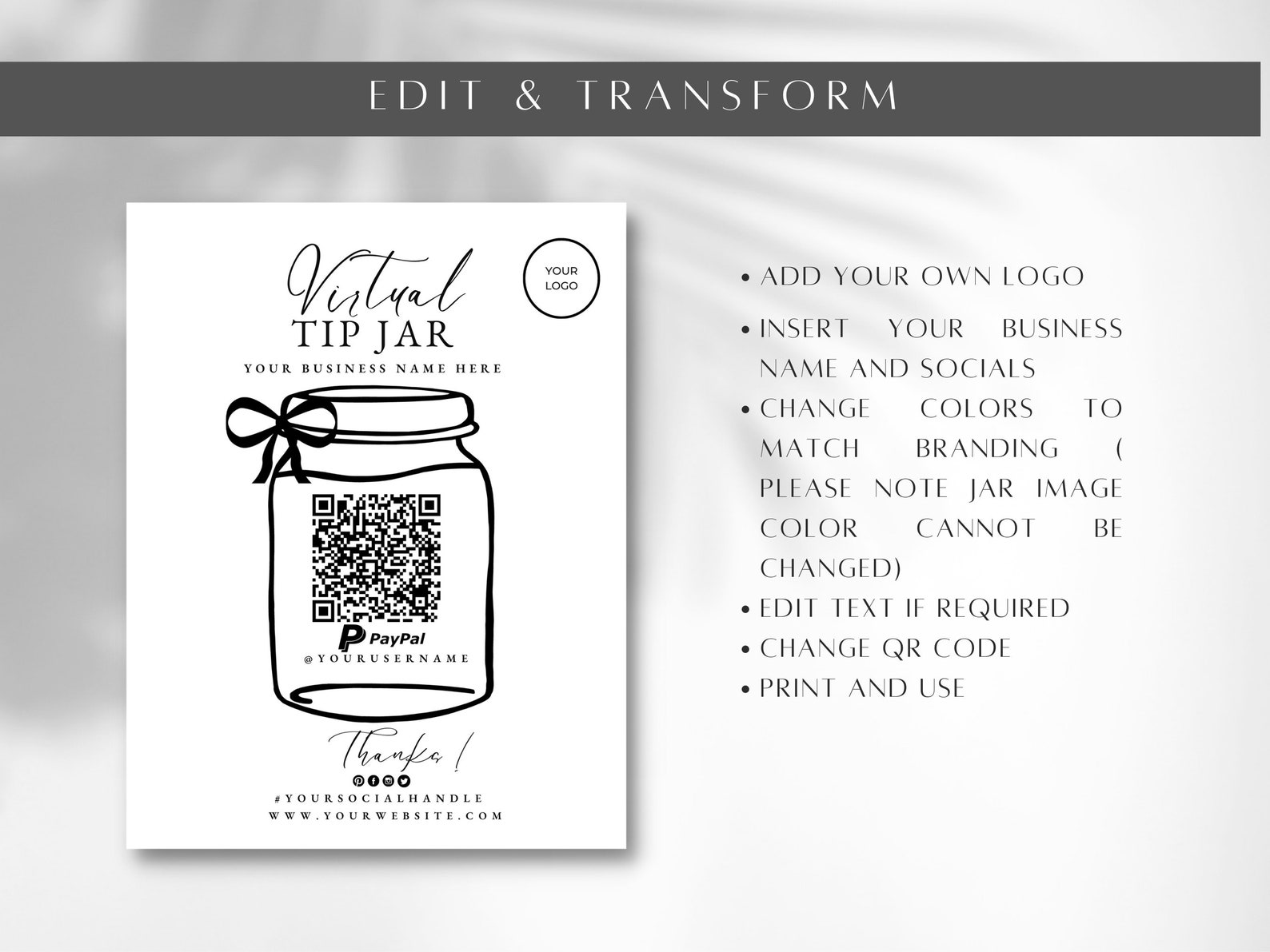 Printable Virtual Tip Jar Editable Venmo Payment Sign QR - Etsy
