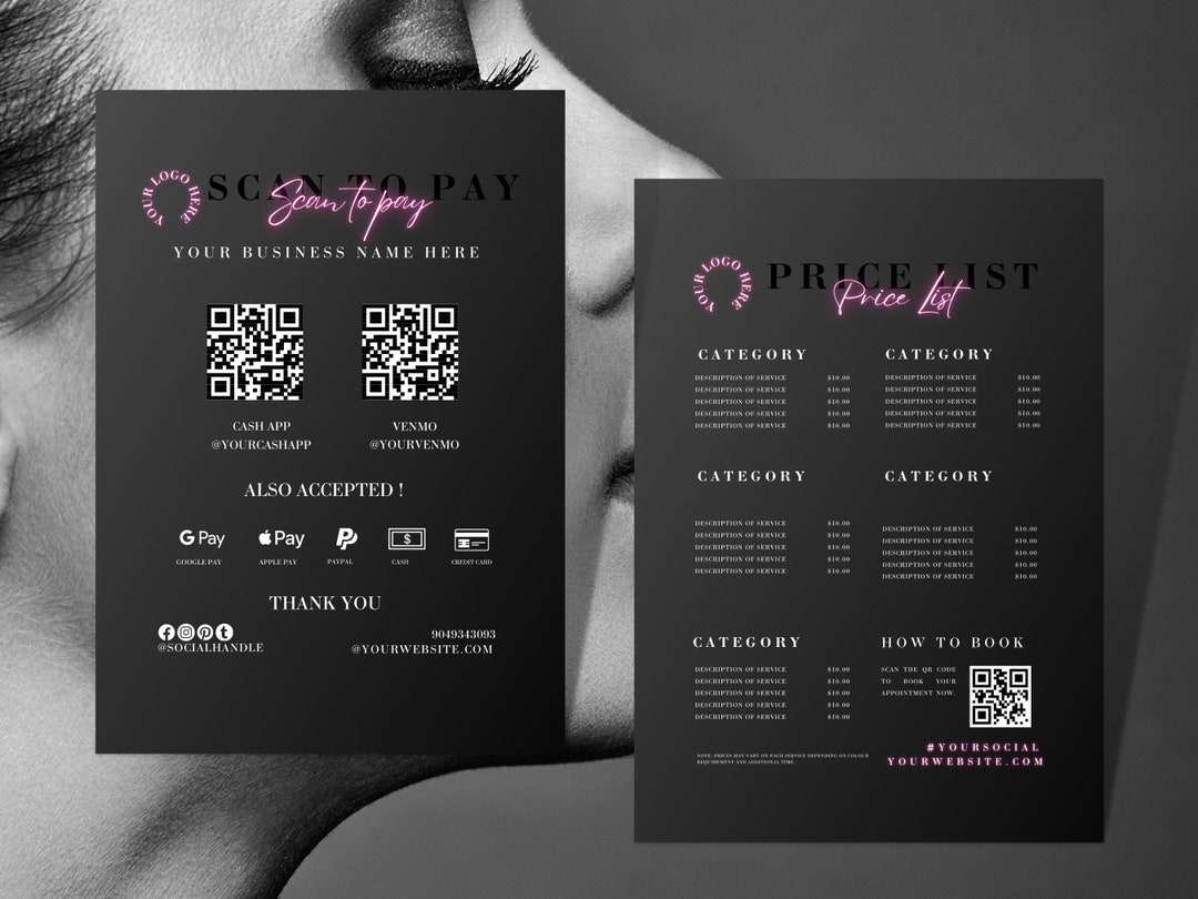Beauty Printable Pricelist Canva Template, Scan to Pay Template, for ...