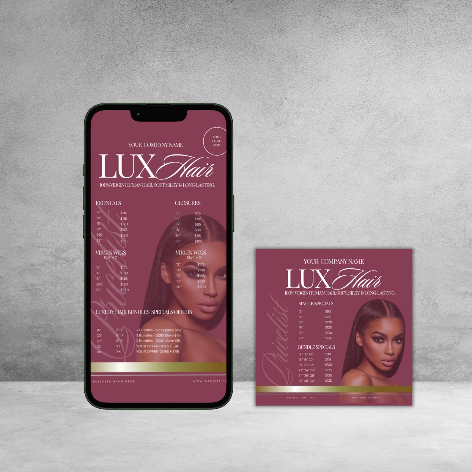 Hair Bundles Price List Flyer Template, Maroon & Gold Canva Design - Etsy