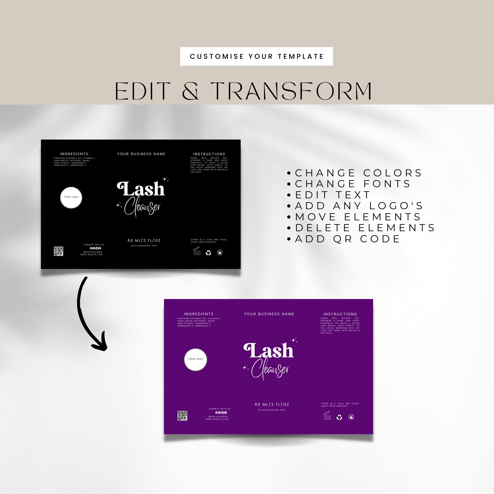 Lash Shampoo Label Template: Black & White Wrapper Sticker (digital ...