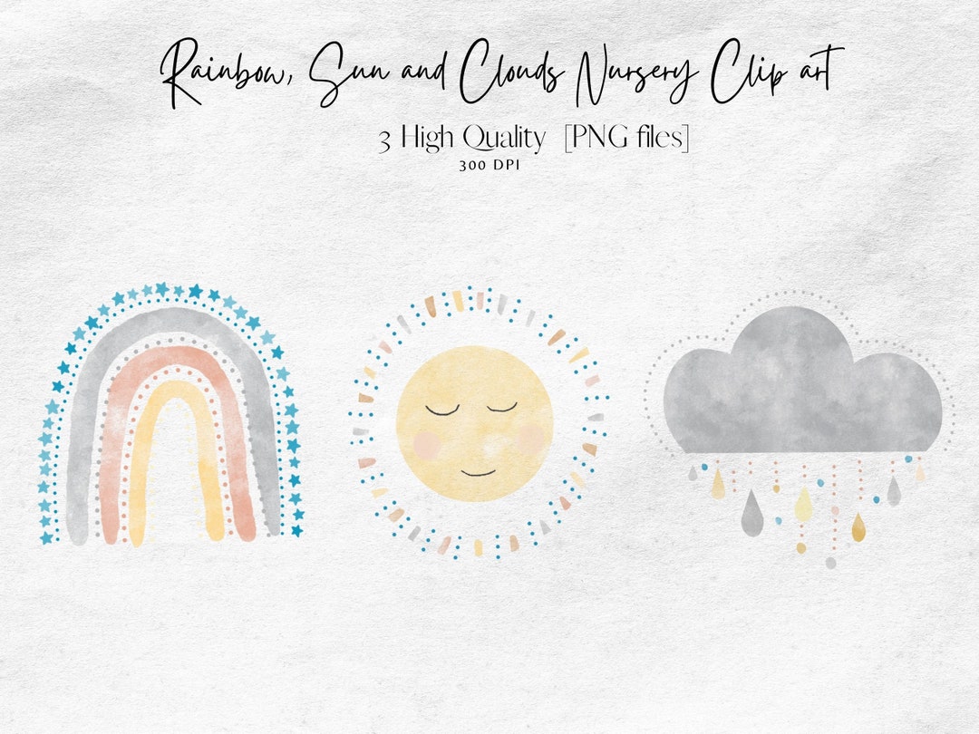 Nursery Watercolor Boho Sun, Rainbow, Cloud Clipart, Retro Nursery ...