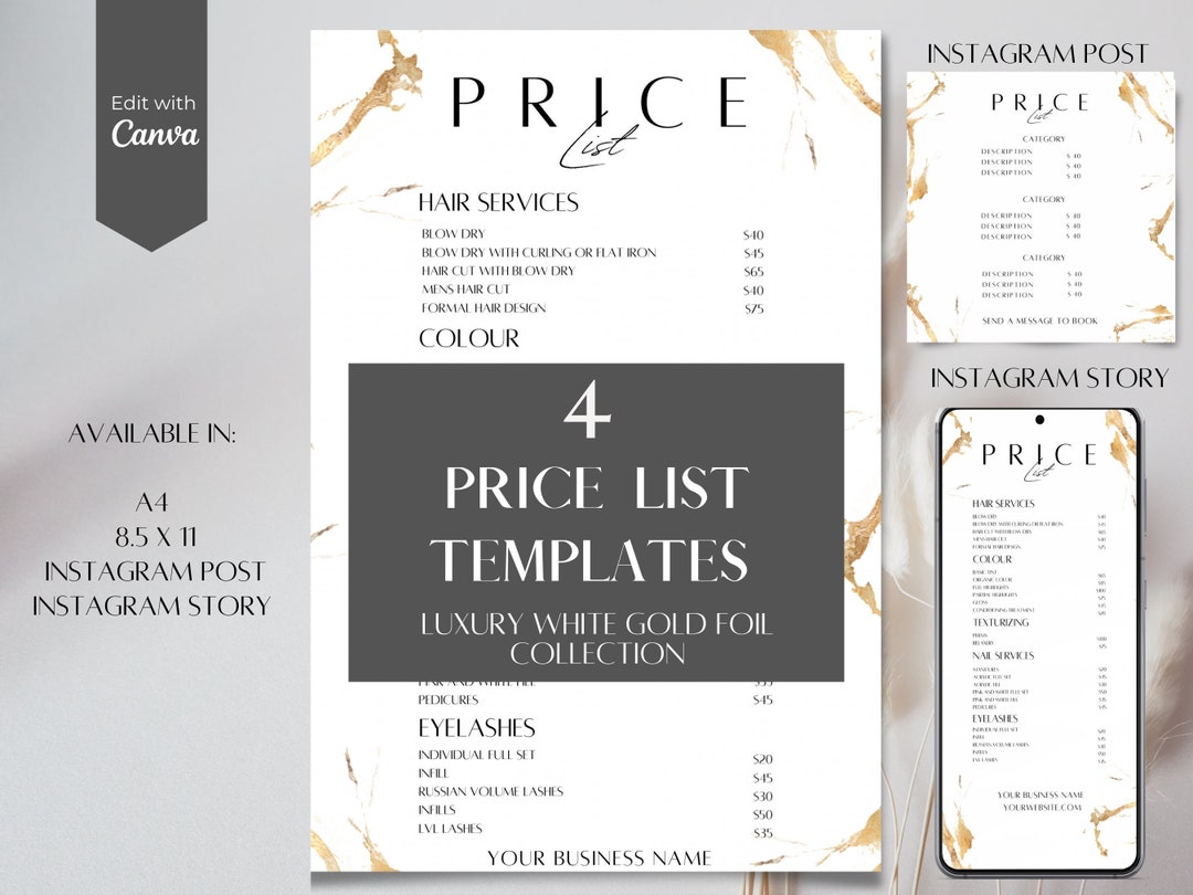 Luxury White and Gold Editable Canva Price List and Instagram Price ...
