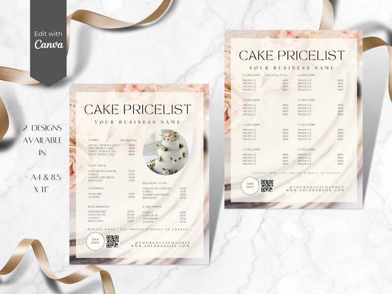 Bakery Price List Template: Luxury Cake Menu (canva Editable, A4 & 8 ...