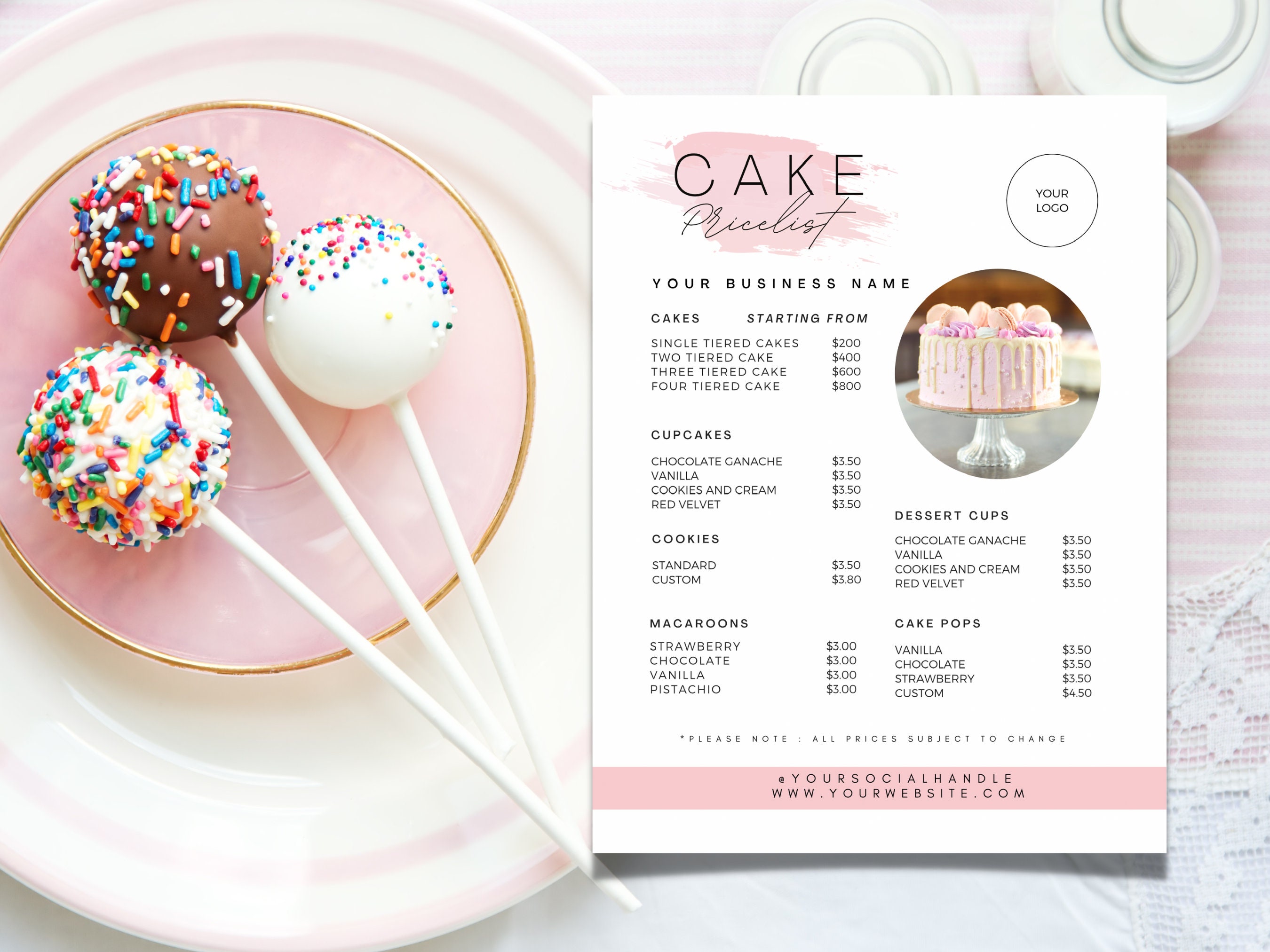 Pink Cake Price List Template: Bakery Menu (A4, 8.5x11") - Etsy